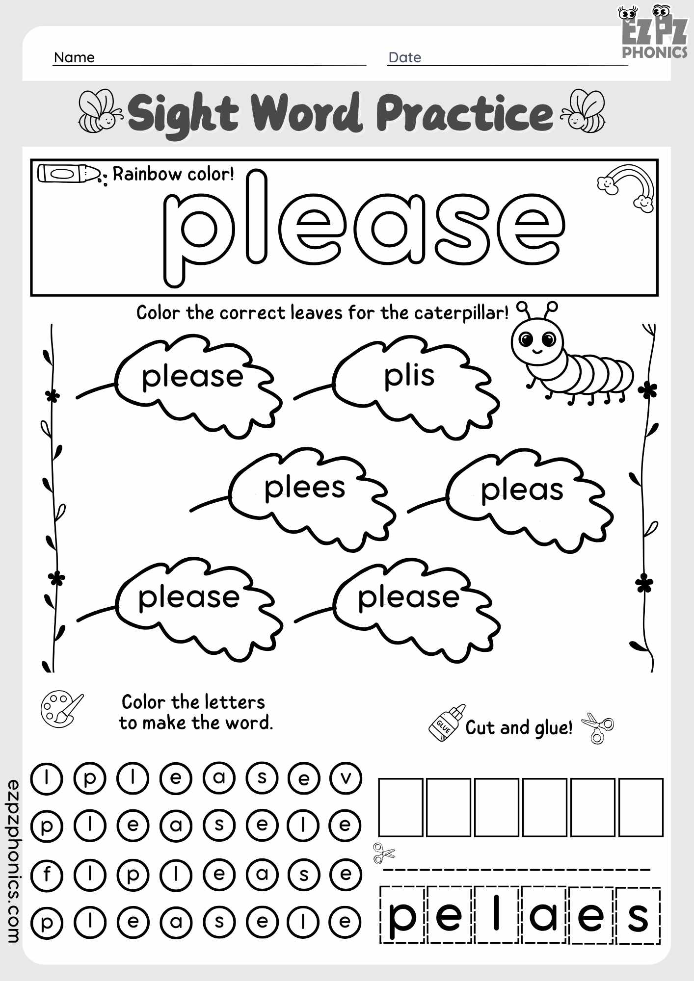 "Please" Kindergarten Sight Word Coloring and Cut and Paste Activities - ezpzphonics.com